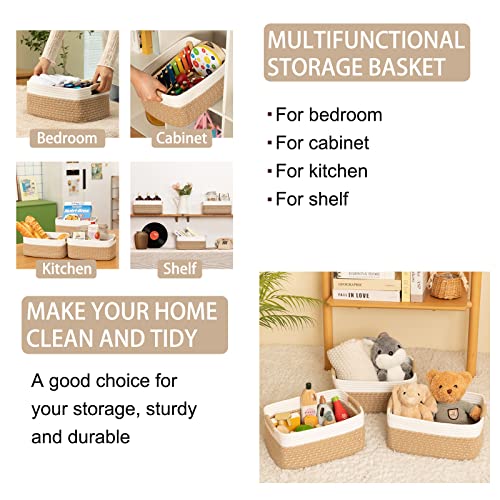 OIAHOMY 12.8x9x5.5in Woven Baskets for Storage, Storage Baskets for Shelves, Cotton Rope basket set of 3, Decorative Storage Baskets, Rectangle Basket With Handles, Brown and White
