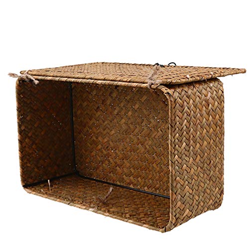 BESPORTBLE Storage Basket Basket with Lid, Seaweed Handwoven Woven Storage Box Desktop Sundries Storage Rattan Basket with Buttons 1Pc - Size S Baskets