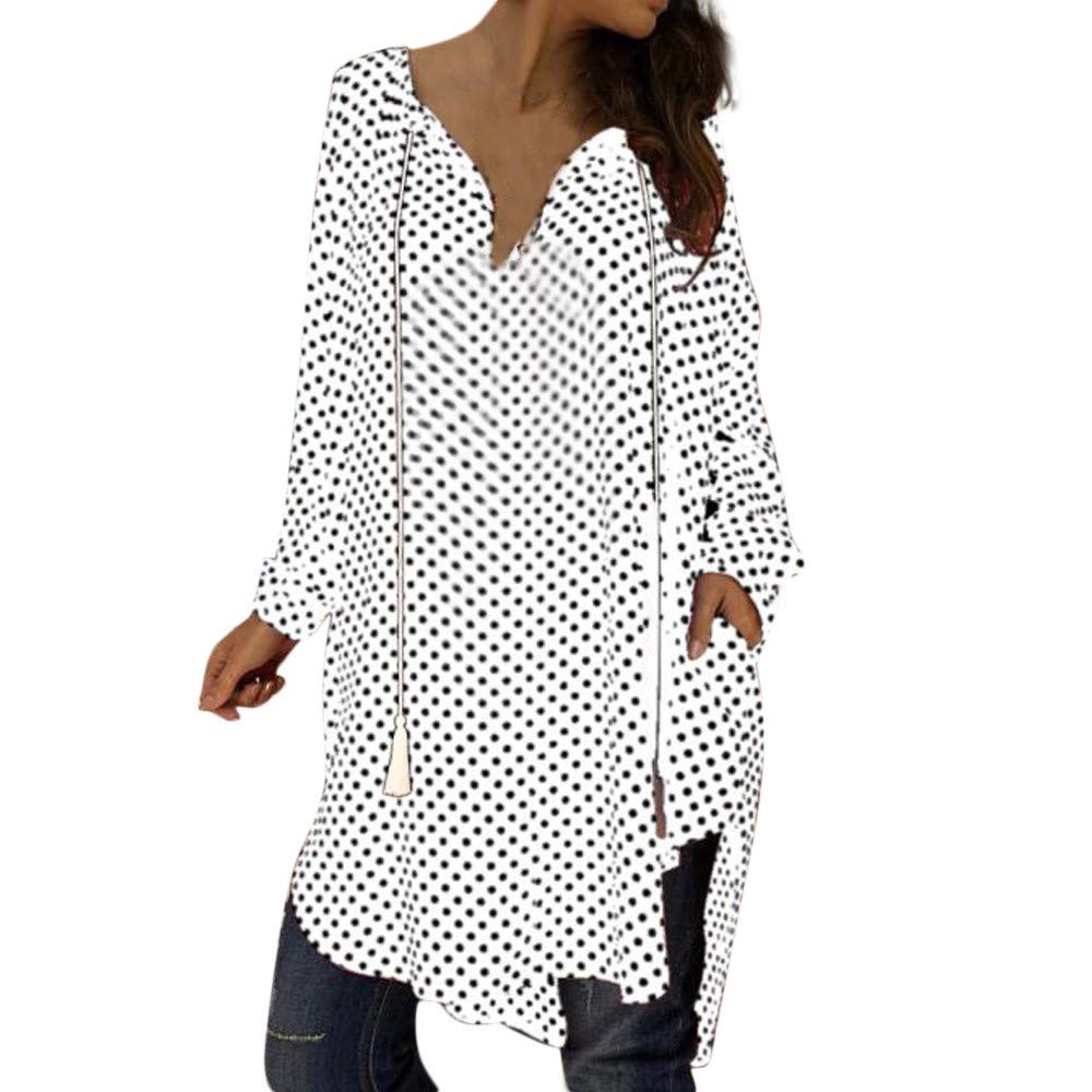 2018 NEW!!Women Sexy Polka Dot Print Clothing,Ladies Loose Long Sleeves V-Neck Evening Party Mini Dress (5XL, White)