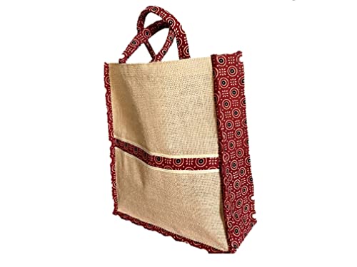 Stylish Hand made Jute Bags - Unique bag designs (supports under privileged women), Beige With Red Or Yellow Accents