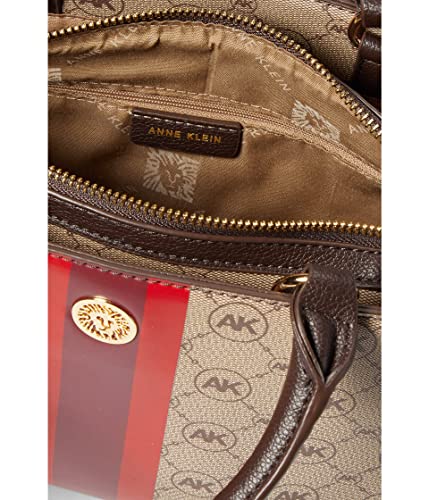 Anne Klein Mini Logo Satchel, Cream-Brown/Espresso w/Red-Rhubarb Stripe