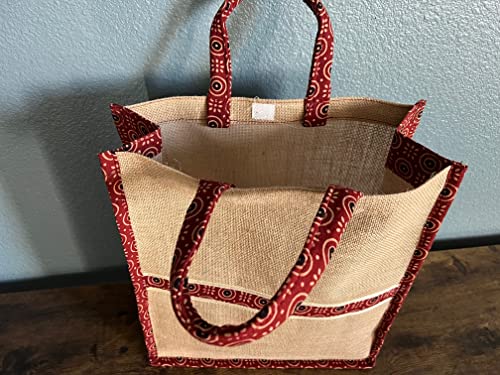 Stylish Hand made Jute Bags - Unique bag designs (supports under privileged women), Beige With Red Or Yellow Accents