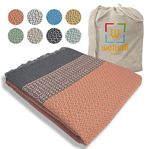 Wellstil Nerthus | Turkish Cotton Blanket • King Size Vintage Throw Blankets for Sofa, Couch, Farmhouse and Home Decor • Boho Woven Bedspread • Cozy Breathable Bed Blanket 80x100 inches (Orange)