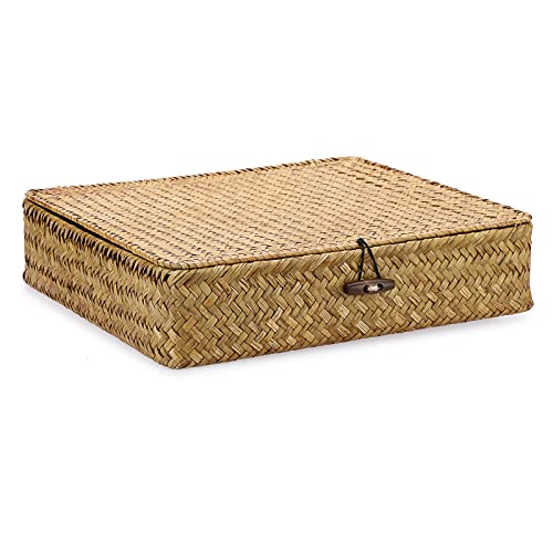 BTSKY 1 Pack Large Wicker Basket With Lid Flat Woven Storage Bins for Shelf Organizing Natural Seagrass Storage Baskets with Lids Home Utility Organizer Box for Home & Office Supplies, Caramel
