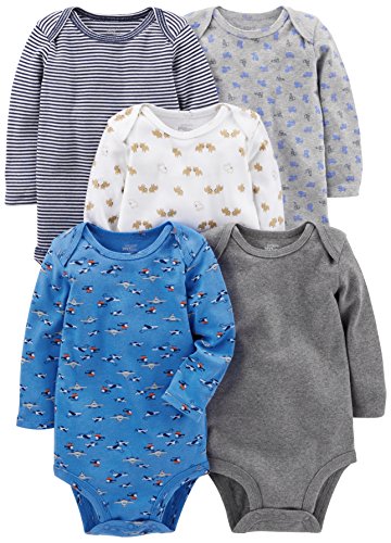 Simple Joys by Carter's Baby 5-pack Long-sleeved Bodysuits, Blue/Grey, 12 Months
