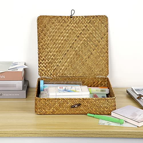 BTSKY 1 Pack Large Wicker Basket With Lid Flat Woven Storage Bins for Shelf Organizing Natural Seagrass Storage Baskets with Lids Home Utility Organizer Box for Home & Office Supplies, Caramel