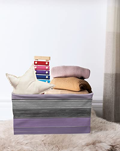 Large Capacity Storage Bins 1Pcs Stripe Wood Grain Purple and Grey Storage Cubes, Collapsible Storage Baskets for Organizing for Bedroom Living Room Shelves Home 15x11x9.5 In