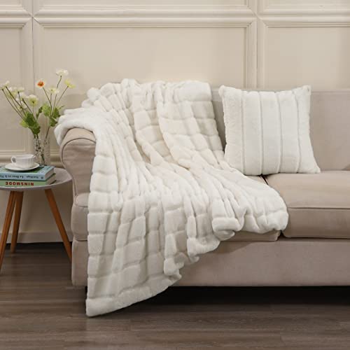 LuxenrelaX Striped Super Soft Faux Fur Throw Blanket-60x80, Anti-Shedding Cozy Fuzzy Plush Blanket for Couch, Bed, Sofa - (60" x 80", Ivory)