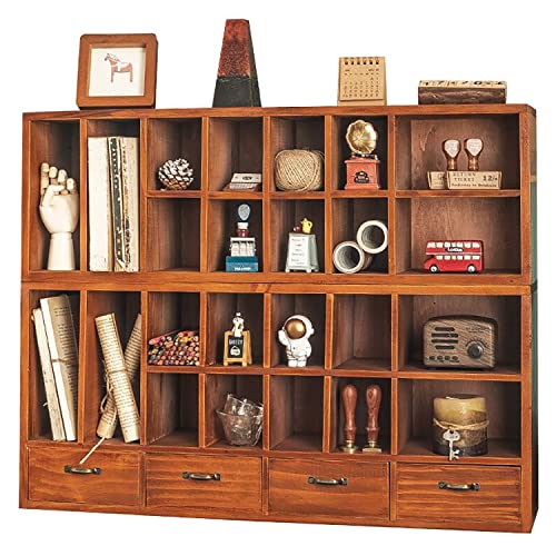 Wood Cabinet Floating Shelves (Set of 2) - Includes 1 Cubby Shelf w/ 12 Slots & 4 Drawers and 1 Wide Wooden Shelf - Stackable Farmhouse Decor Walnut Wood Cabinet - Total of 26 Compartments