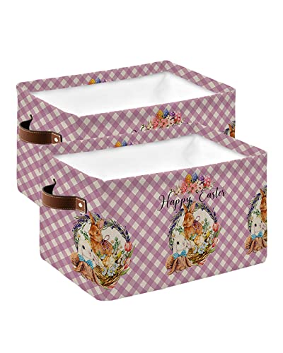 Happy Easter Storage Bins 2 Pack, Large Waterproof Storage Baskets for Shelves Closet, Purple Plaid Bunny Spring Floral Wreath Storage Basket Foldable Storage Box Cube Storage Organizer with Handles