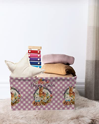 Happy Easter Storage Bins 2 Pack, Large Waterproof Storage Baskets for Shelves Closet, Purple Plaid Bunny Spring Floral Wreath Storage Basket Foldable Storage Box Cube Storage Organizer with Handles