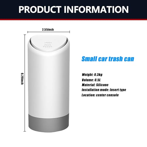 UGSHY 1 PC Car Trash Can with Lid, 2.5" x 6.2" Silicone Portable Small Trash Can, Cup Type Embedded Integrated Waterproof Trash Can for Most Cars SUVs and Trucks (White)