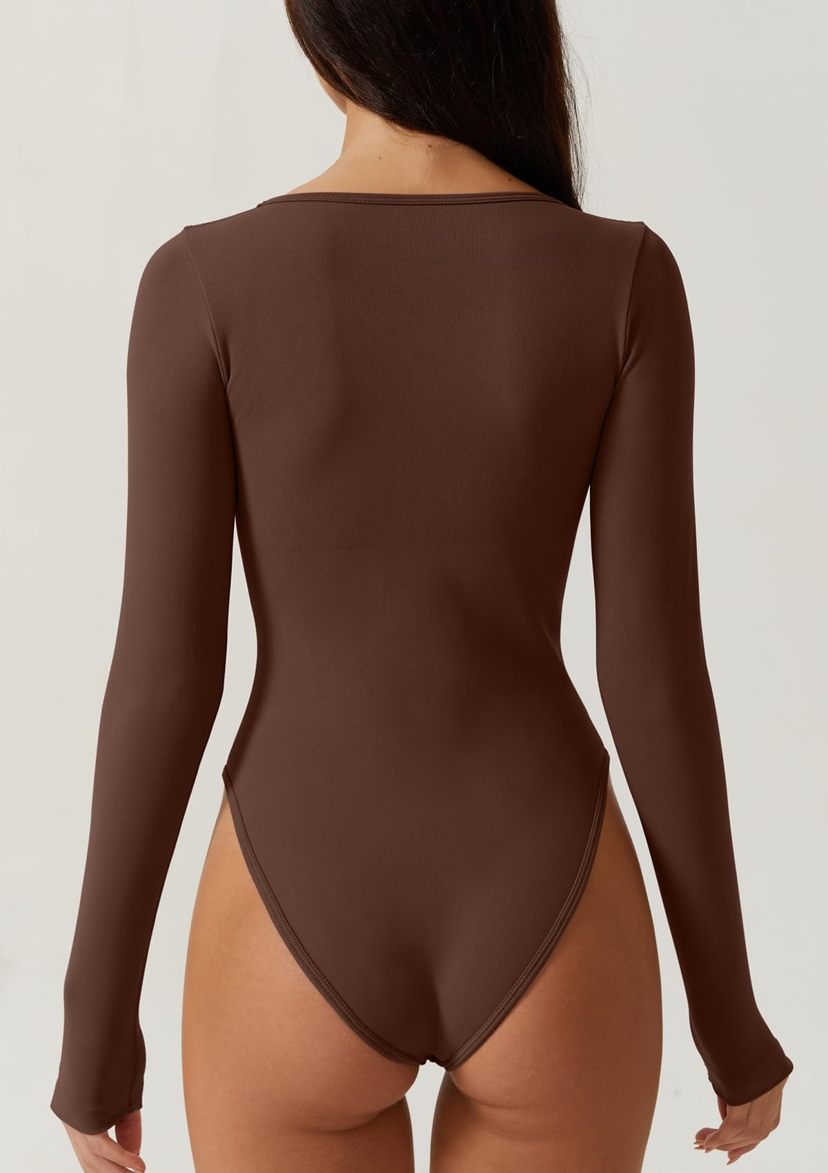 QINSEN Woman's Thick Long Sleeve Slimming Fit One Piece Bodysuit for Fall Winter Brown M