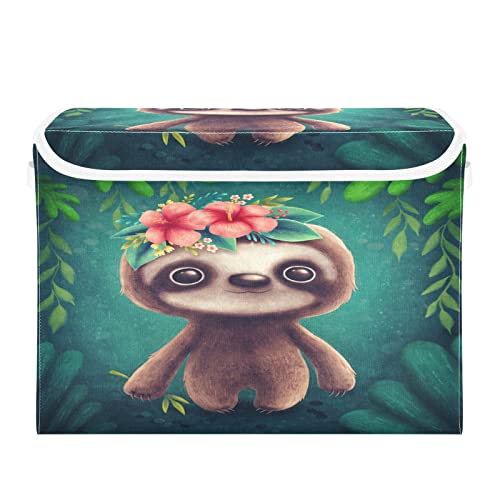 Blueangle Cute Baby Sloth Storage Bins with Lids, 16.5 x 12.6 x 11.8 in, Large Collapsible Organizer Storage Basket for Home Office Décor(869)