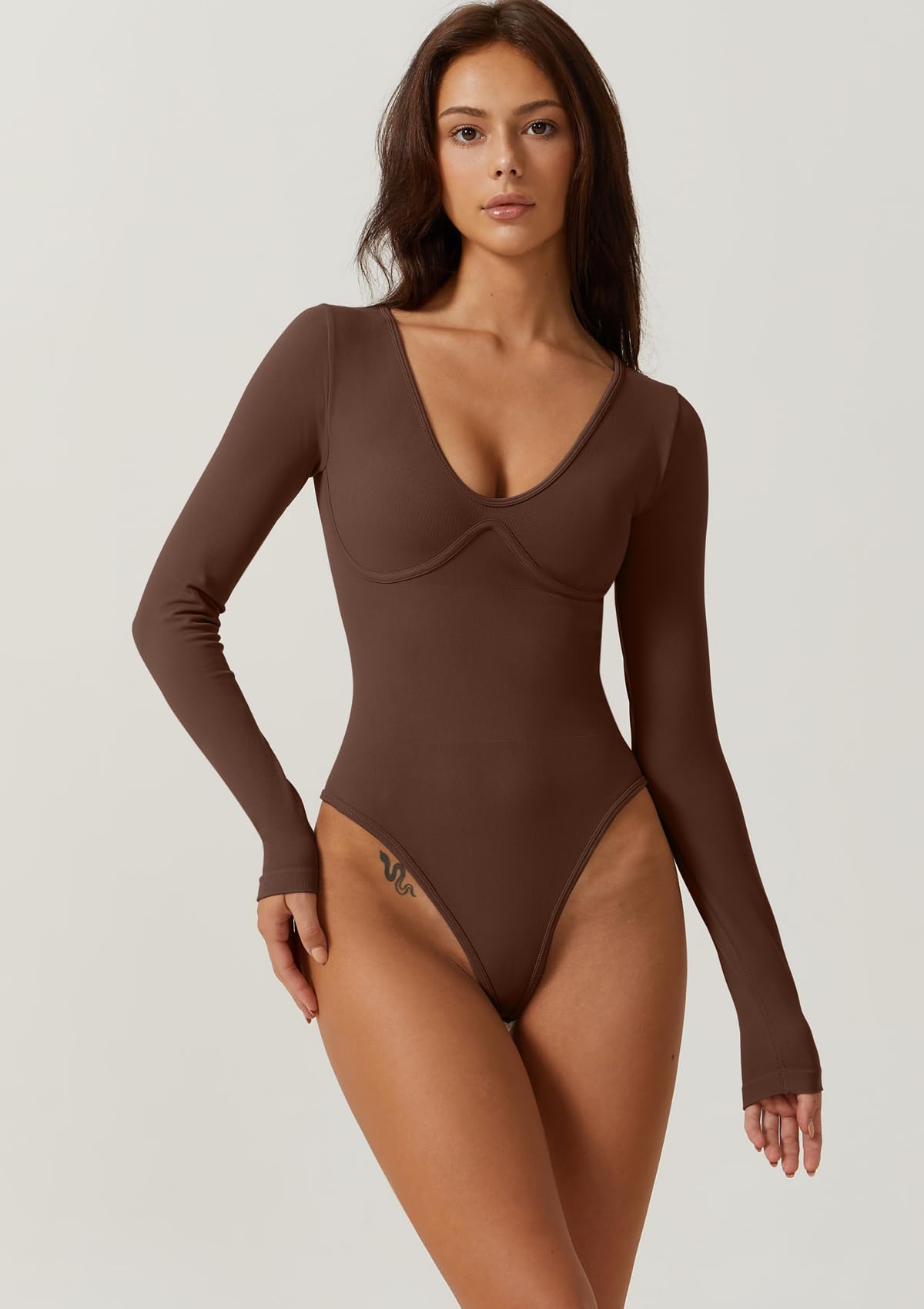 QINSEN Woman's Thick Long Sleeve Slimming Fit One Piece Bodysuit for Fall Winter Brown M