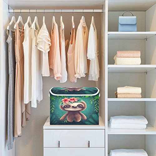 Blueangle Cute Baby Sloth Storage Bins with Lids, 16.5 x 12.6 x 11.8 in, Large Collapsible Organizer Storage Basket for Home Office Décor(869)