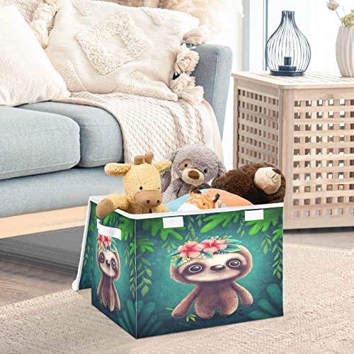 Blueangle Cute Baby Sloth Storage Bins with Lids, 16.5 x 12.6 x 11.8 in, Large Collapsible Organizer Storage Basket for Home Office Décor(869)