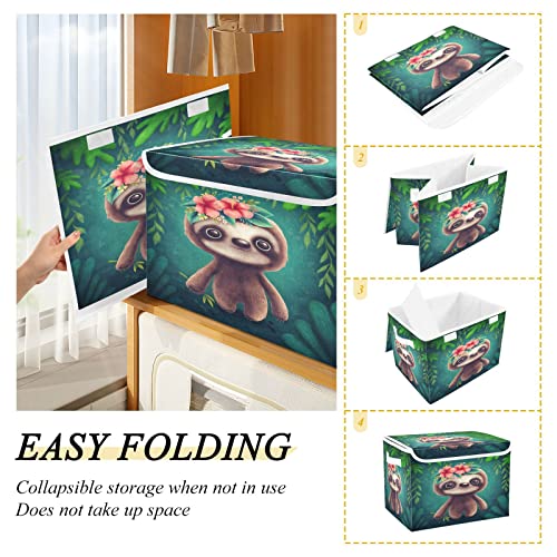 Blueangle Cute Baby Sloth Storage Bins with Lids, 16.5 x 12.6 x 11.8 in, Large Collapsible Organizer Storage Basket for Home Office Décor(869)