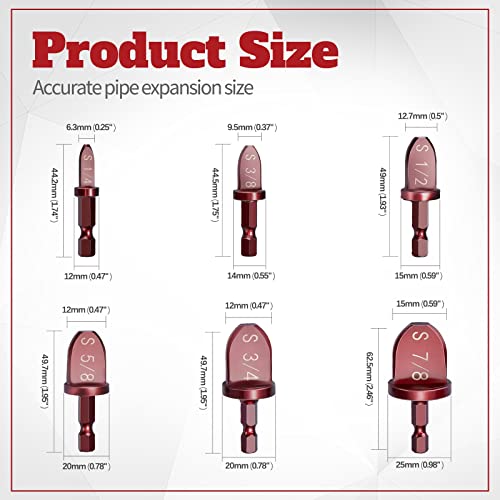 ColumPRO HVAC Repairing Tools, Air Conditioner Copper Pipe Expander Swaging Tool, 1/4 Inch Hex Shank Copper Pipe Flaring Tool Tube Expander,1/4'', 3/8'',1/2'', 5/8'',3/4'',7/8''Bits