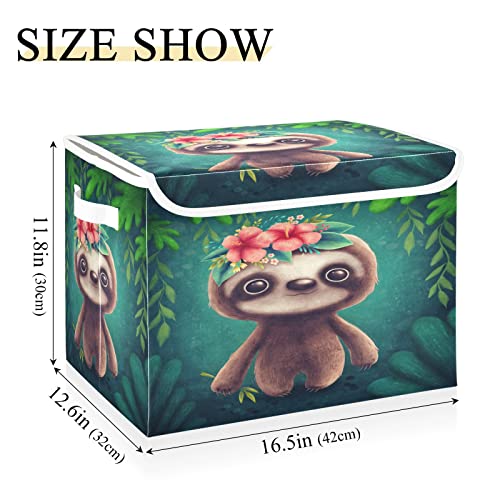 Blueangle Cute Baby Sloth Storage Bins with Lids, 16.5 x 12.6 x 11.8 in, Large Collapsible Organizer Storage Basket for Home Office Décor(869)