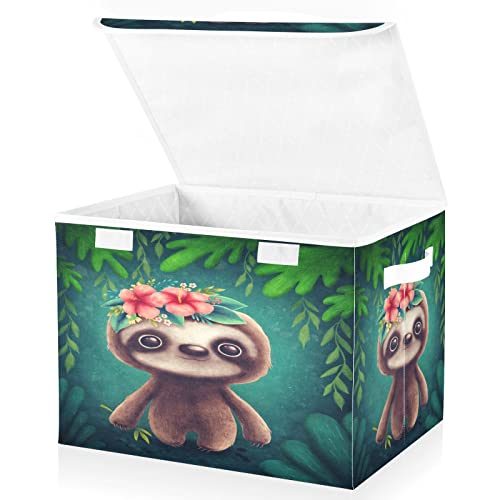 Blueangle Cute Baby Sloth Storage Bins with Lids, 16.5 x 12.6 x 11.8 in, Large Collapsible Organizer Storage Basket for Home Office Décor(869)