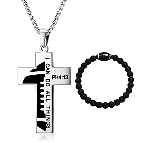XIEXIELA Football Cross Necklace for Boys, Football Silicone Bracelets, Bible Verse I CAN DO All Things Stainless Steel Sport Pendant for Men Rugby Ball Athletes Sports Lover Bracelets