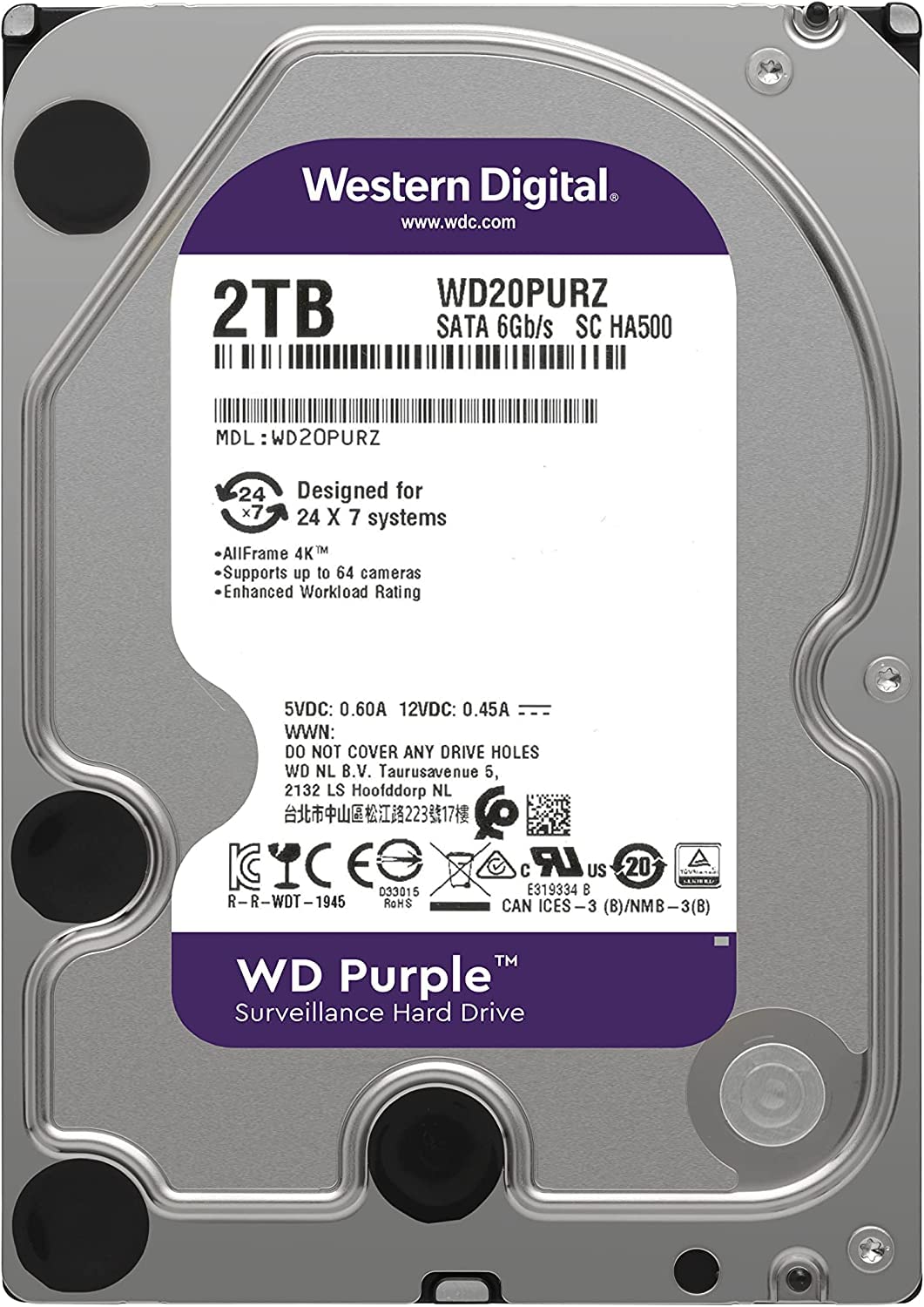 Western Digital 2TB WD Purple Surveillance Internal Hard Drive HDD - SATA 6 Gb/s, 64 MB Cache, 3.5" - WD20PURZ (Renewed)