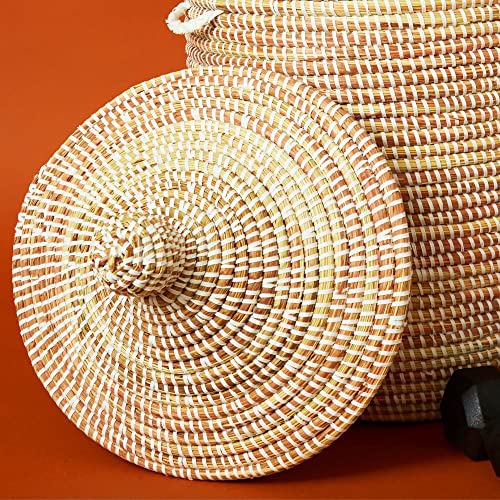 Senegal Large Solid White Color Hand Woven Grass Basket with Hooded Lid
