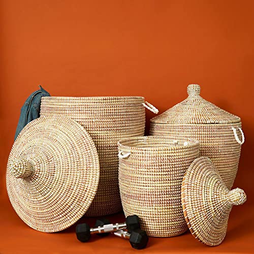 Senegal Large Solid White Color Hand Woven Grass Basket with Hooded Lid