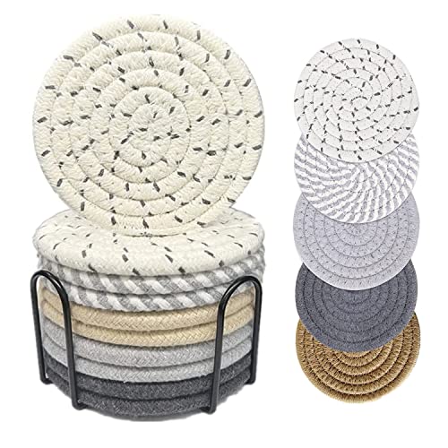 KNWOBL 10 Pcs Drink Coasters with Holder,Absorbent Drink Coasters,Handmade Braided Drink Coasters,Super Absorbent Heat-Resistant Coasters,5 Colors