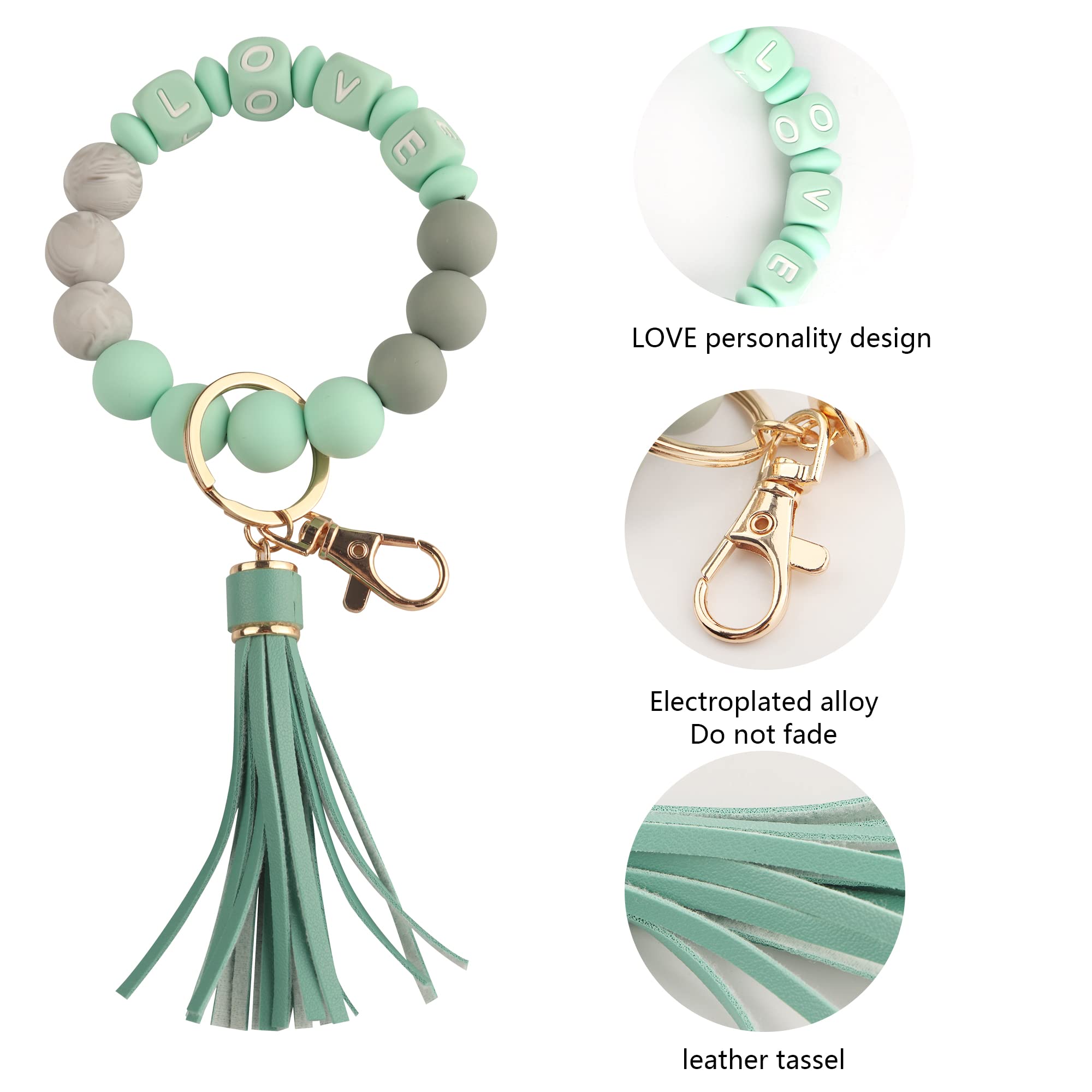 Junecarp LOVE Fringe Key Chain,Silicone Beaded Bracelet Keychain for Women Car Keys Home Keyring (Green-LOVE)