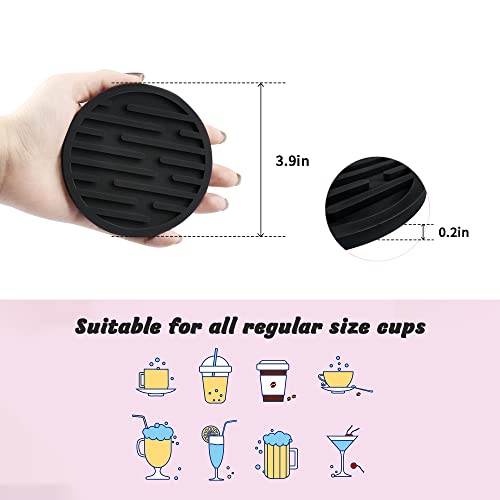 Ouzoustate Coasters for Drinks Set of 6,Silicone Coasters for Coffee Table with Holder,Thickened,Easy to Clean,Non-Slip for Wooden Table,Bar,Fits Any Size of Cup (Black)
