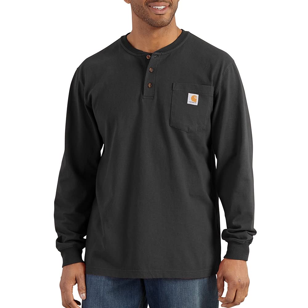 Carhartt Men's Loose Fit Heavyweight Long-Sleeve Pocket Henley T-Shirt, Black, Large
