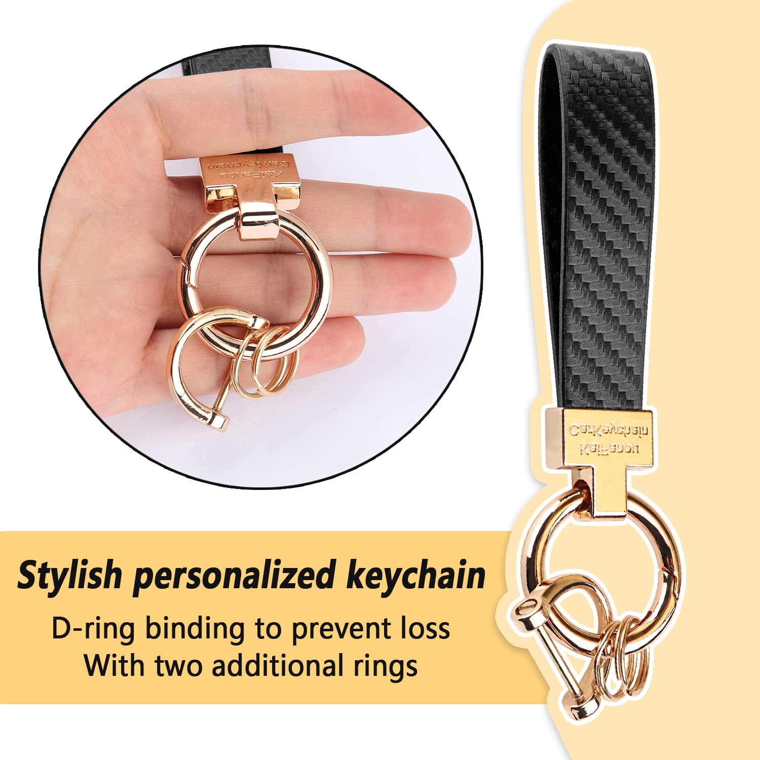 Turcee Carbon Fiber Car Keychain,Automotive Interior Accessories Keychains Leather Car Key Fob &Anti-Lost D-Ring (Black)