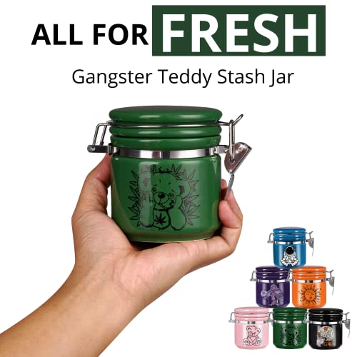 Gangster Teddy Smell Proof Jar Half Oz (250ml), Teddy Bear Stash Jar Air Tight Containers Double Sealed Airtight Jar, Separate Space for Humidity Pack To Keep Herbs, Spices Fresh For Months - Green