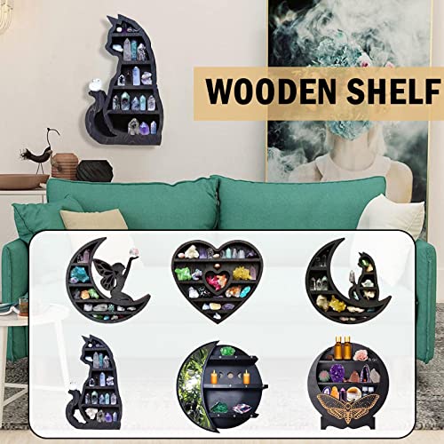 Cat On The Moon Crystal Wood Shelf, Wooden Crystal Wooden Moon Cat Decoration Shelf, Float Witchy Display Room Shelf M4T8 Gothic
