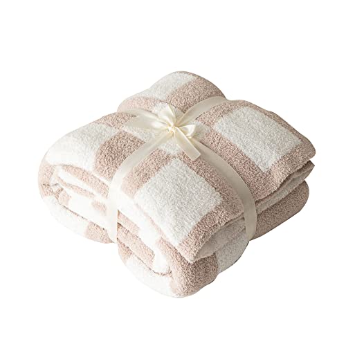 Ultra Soft Cozy Buffalo Checkerboard Grid Fluffy Microfiber Knitted Throw Blanket Lightweight Fleece Checkered Blanket for Sofa Couch Bed Travel Cream 51"X63"