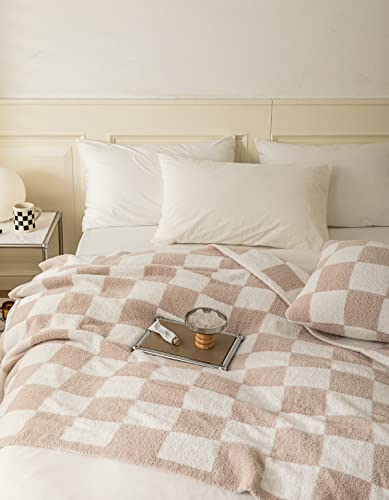 Ultra Soft Cozy Buffalo Checkerboard Grid Fluffy Microfiber Knitted Throw Blanket Lightweight Fleece Checkered Blanket for Sofa Couch Bed Travel Cream 51"X63"