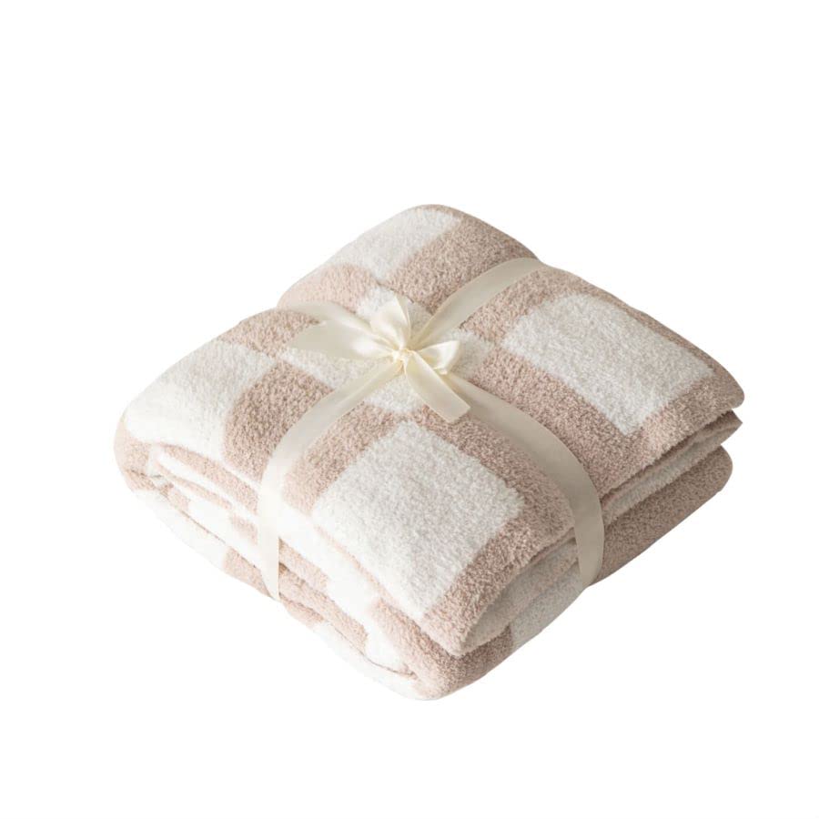 Ultra Soft Cozy Buffalo Checkerboard Grid Fluffy Microfiber Knitted Throw Blanket Lightweight Fleece Checkered Blanket for Sofa Couch Bed Travel Cream 51"X63"
