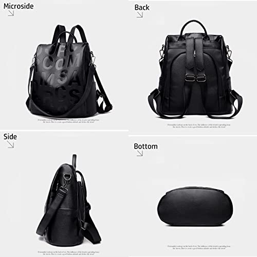 Multipurpose PU Leather Women Anti Theft Backpack Purse Travel Fashion Handbag Ladies Shoulder Bag (Black letters)