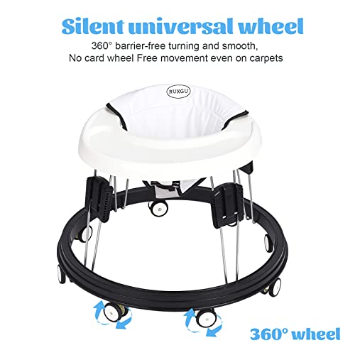 LANGYI Adjustable Baby Walkers for Baby with Easy Clean Tray, Universal Wheeled Walker, Anti-Rollover Folding Walker for Girls Boys 6-18Months Toddler, White, 1.0 Count