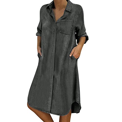 FRETRG Loose Women Dress Denim Dress Long Sleeve Pocket Casual Womens Plus Size Chiffon Evening Dresses Long Prom Black