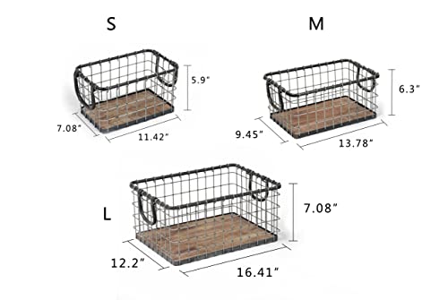 Rectangular Hand Welded Farmhouse Metal Baskets In Set Of 3 with Rustic Wooden Bottom. Large one:16.14"X12.2'X7.08"H, Study and Sutitable For Laundry, Towel, Spice Rack, Storage, Tool Box, Picnic