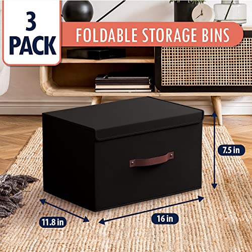 Ornavo Home Foldable Collapsible XLarge Storage Box Bins Linen Fabric Shelf Basket Cube Organizer with Leather Handles and Lid - Set of 3 - 16.5 x 11.8 x 7.5 - Black