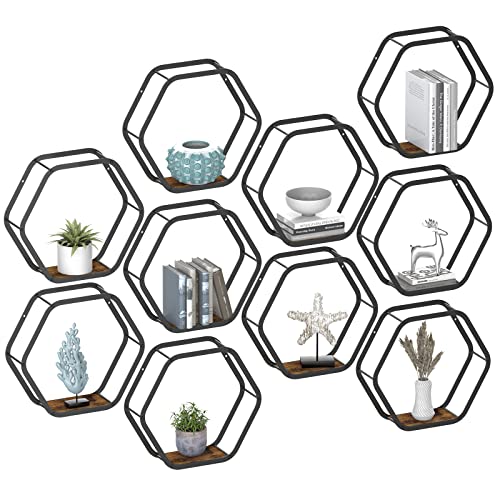 Hexagon Floating Shelves Metal Hexagonal Shelves Wall Mount Honeycomb Storage Shelves Set of 10 Modern Floating Black Display Rack for Wall Decor Geometric Hanging Shelf in Farmhouse Bed/Living Room