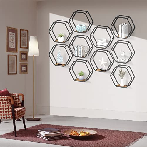 Hexagon Floating Shelves Metal Hexagonal Shelves Wall Mount Honeycomb Storage Shelves Set of 10 Modern Floating Black Display Rack for Wall Decor Geometric Hanging Shelf in Farmhouse Bed/Living Room