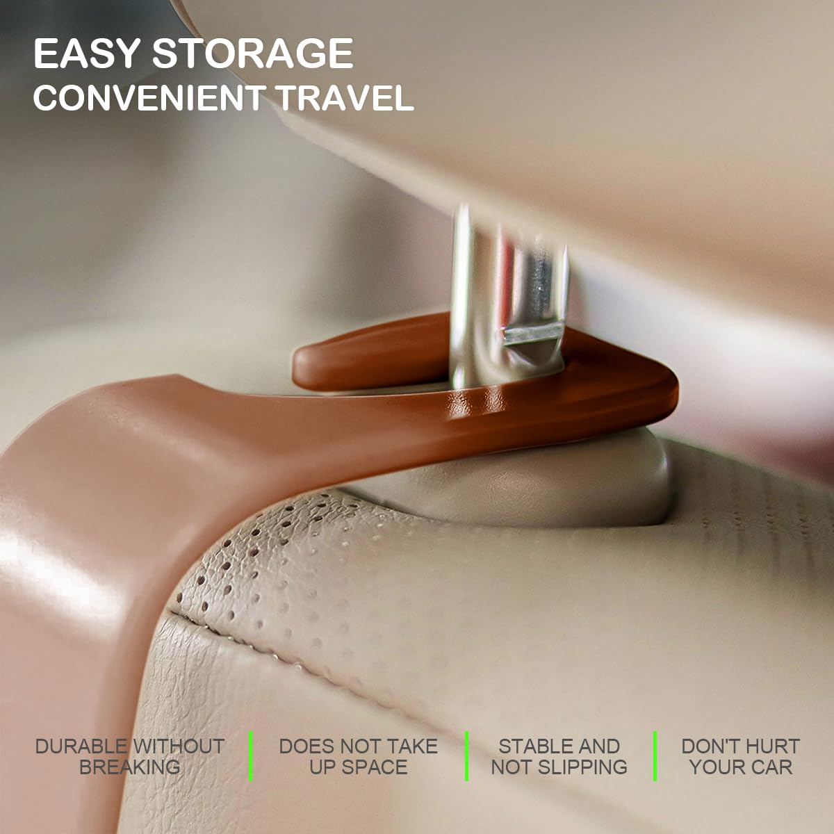 Osilly Car Seat Headrest Hook, 4 Pack Auto Seat Hanger Storage Organizer for Purse Handbag Coats Grocery Bags, Automotive Interior Accessories, Universal Vehicle Backseat Hanging Hook (Brown)