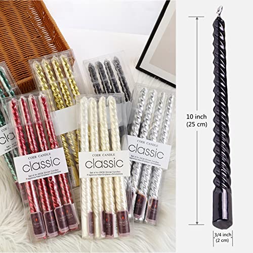 10 inch Spiral Black Taper Candles Set of 4,Elegant Glossy Metal Style Candle Sticks,Scenless,Dripless Taper Candles for Christmas Decor,Dinner,Party