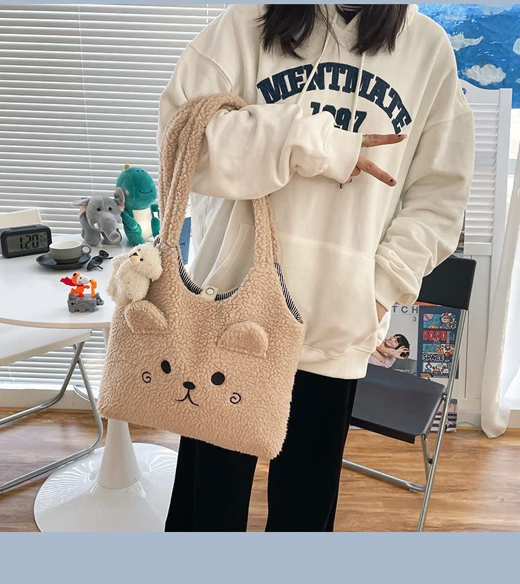 Fluffy Underarm Bag Y2K Fuzzy Plush Tote Bag Cute Cartoon Bear Aesthetic Shoulder Bag Accessories for Autumn Winter (Kakhi)
