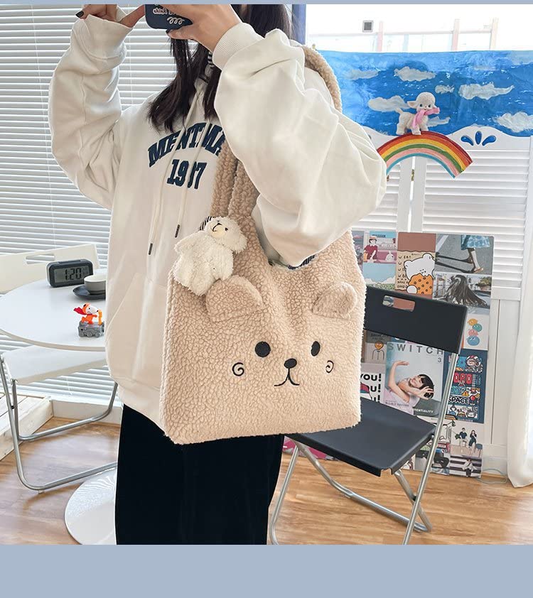 Fluffy Underarm Bag Y2K Fuzzy Plush Tote Bag Cute Cartoon Bear Aesthetic Shoulder Bag Accessories for Autumn Winter (Kakhi)